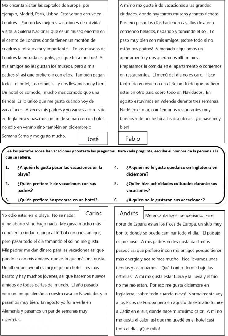 Las vacaciones – ejercicio de lectura – LangLangs